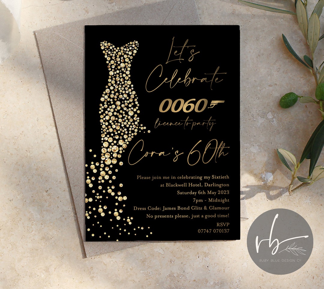 DIGITAL Glitz & Glam Personalised Party Invites 007 Theme, Gold Glitter ...