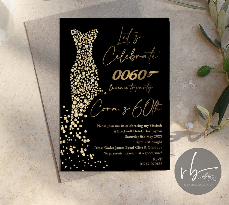 DIGITAL Glitz & Glam Personalised Party Invites 007 Theme, Gold Glitter ...