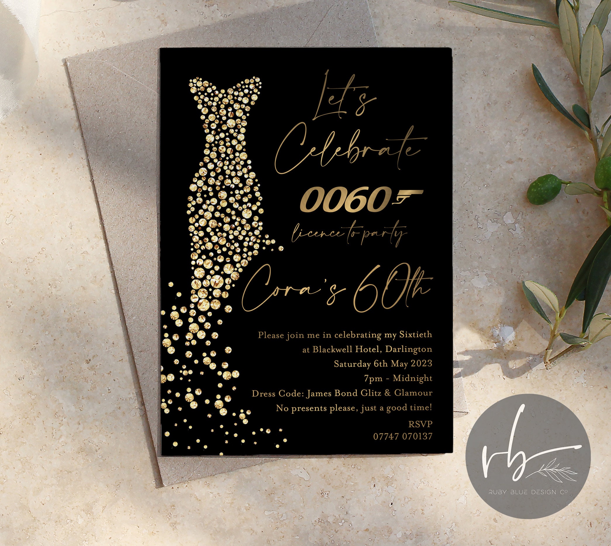 DIGITAL Glitz & Glam Personalised Party Invites 007 Theme, Gold Glitter ...