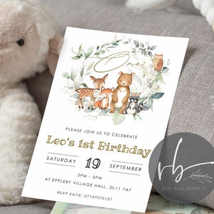 EDITABLE Woodland Animals Greenery Personalised Invitations Printable ...