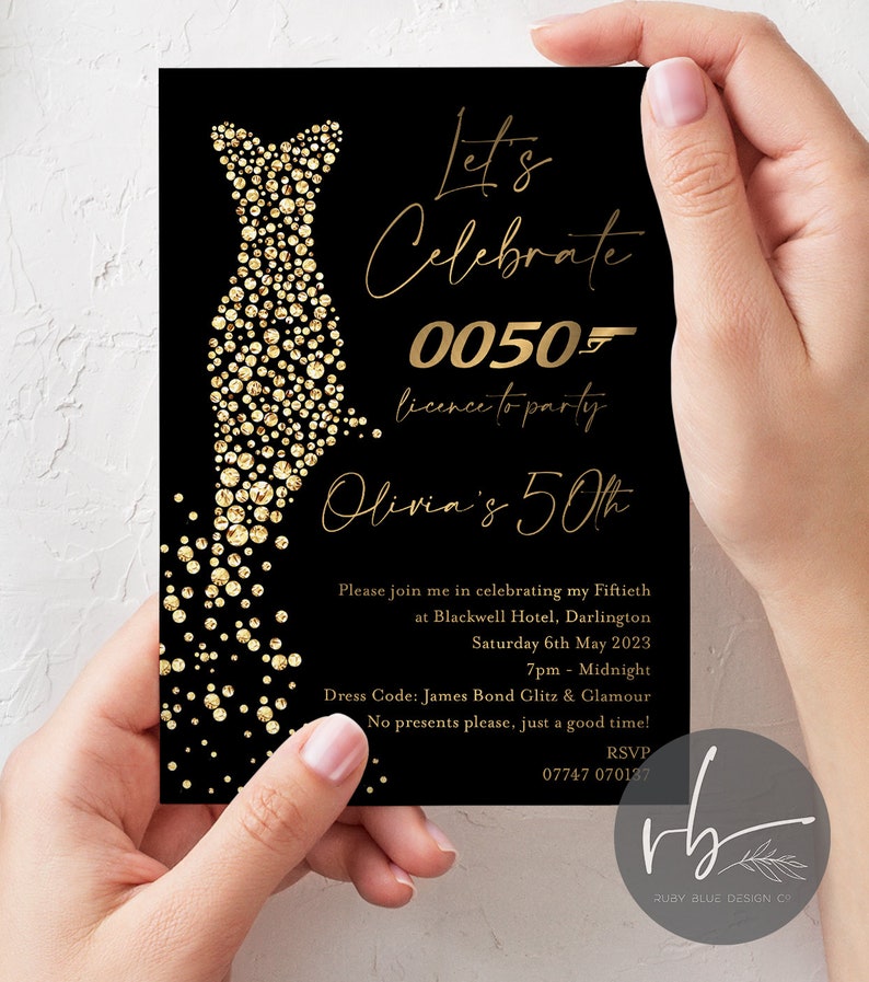 DIGITAL Glitz & Glam Personalised Party Invites 007 Theme, Gold Glitter ...