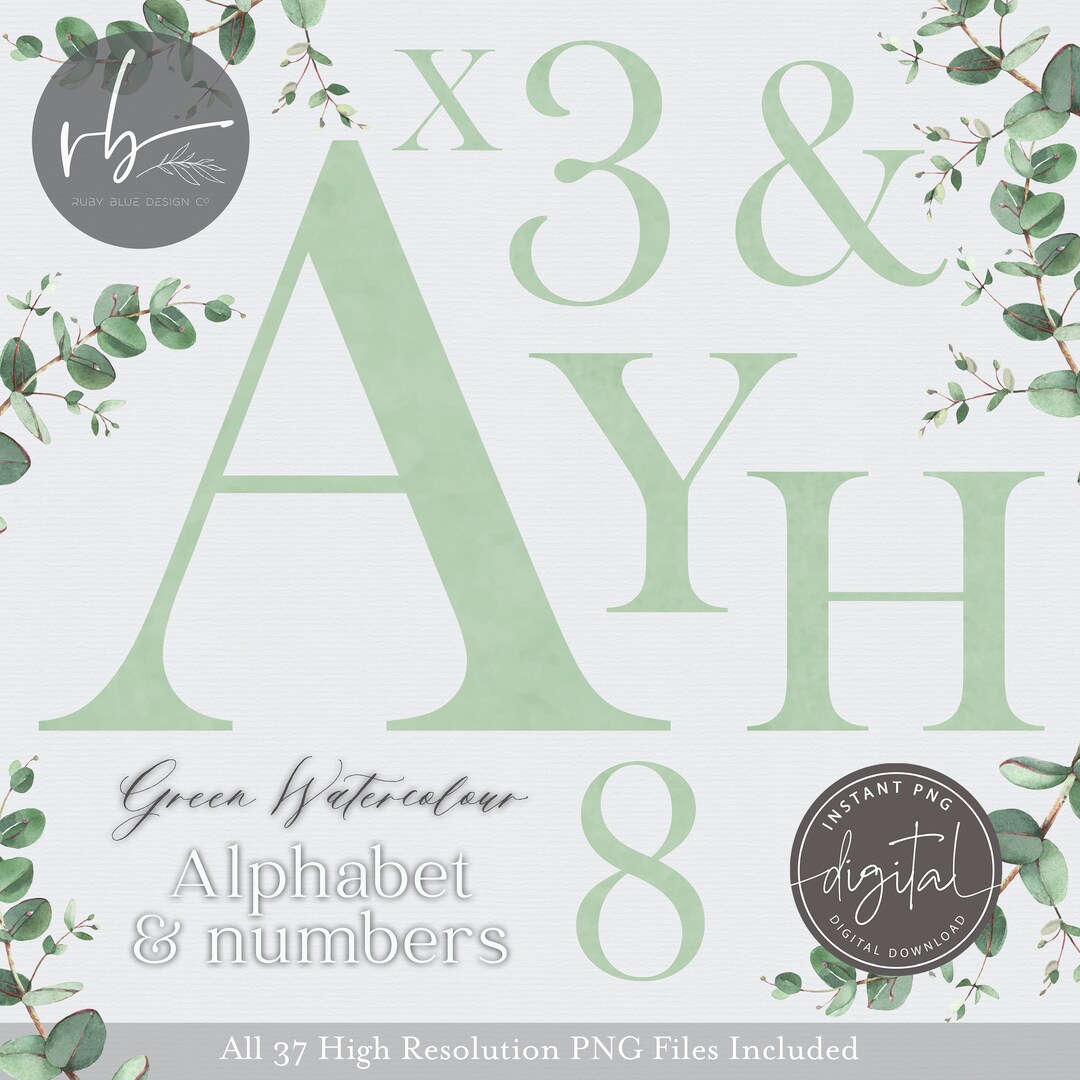 Soft Green Watercolour Alphabet & Numbers PNG Clipart Wedding Graphics ...