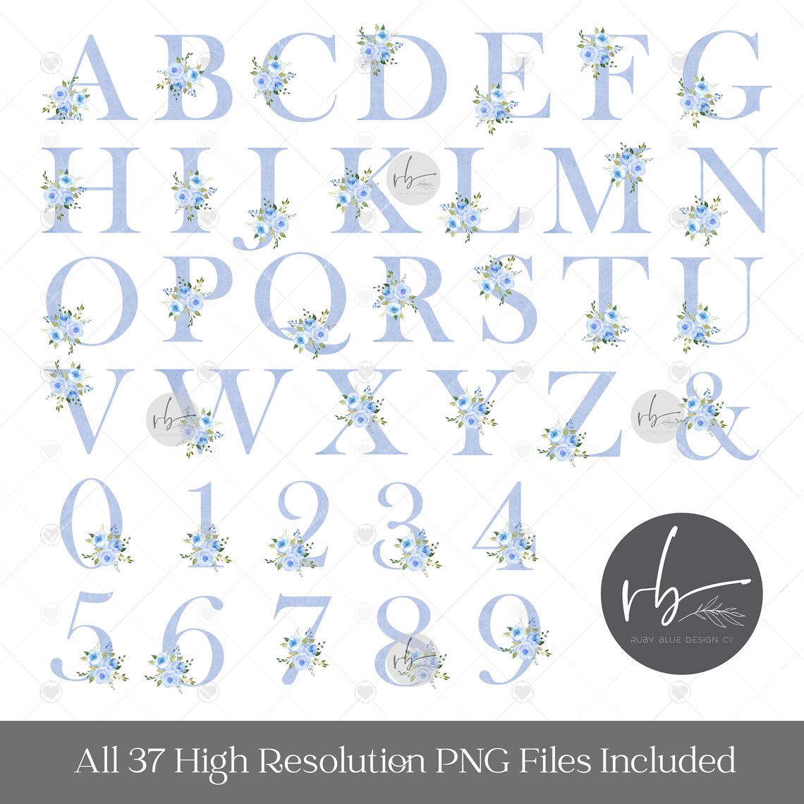 Pastel Blue Floral Watercolour Alphabet & Numbers PNG Clipart - Etsy UK