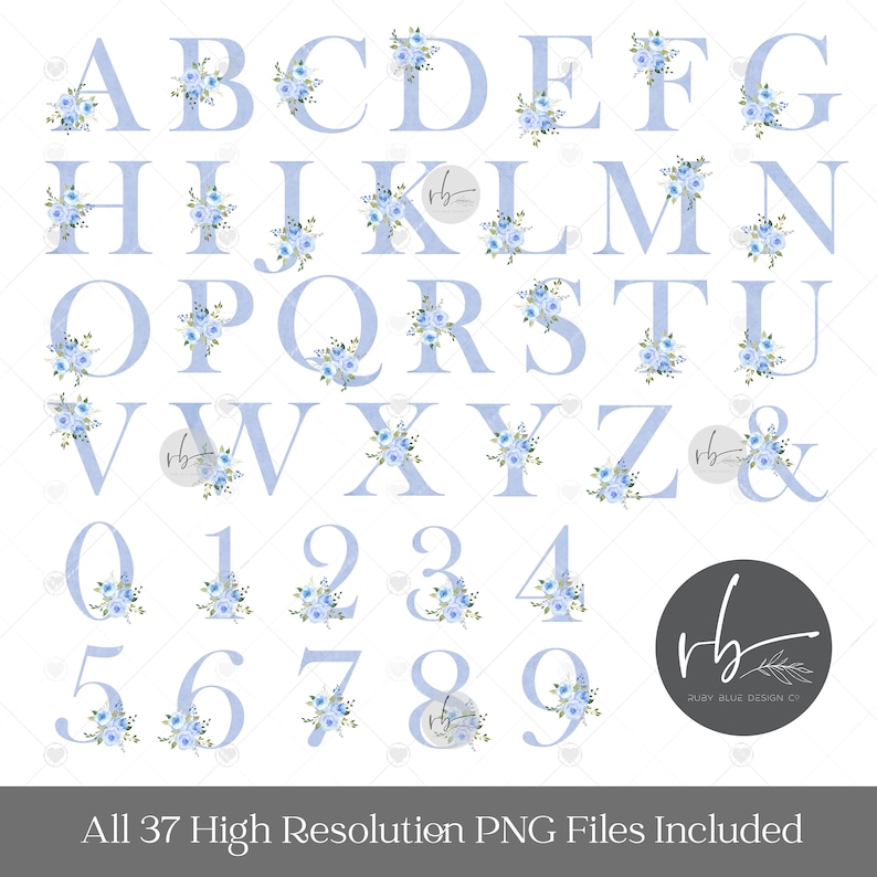 Pastel Blue Floral Watercolour Alphabet & Numbers PNG Clipart - Etsy