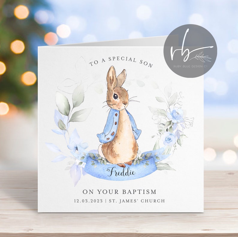 Tarjeta De Bautizo Personalizada De Conejo Azul Tarjeta De Bautizo