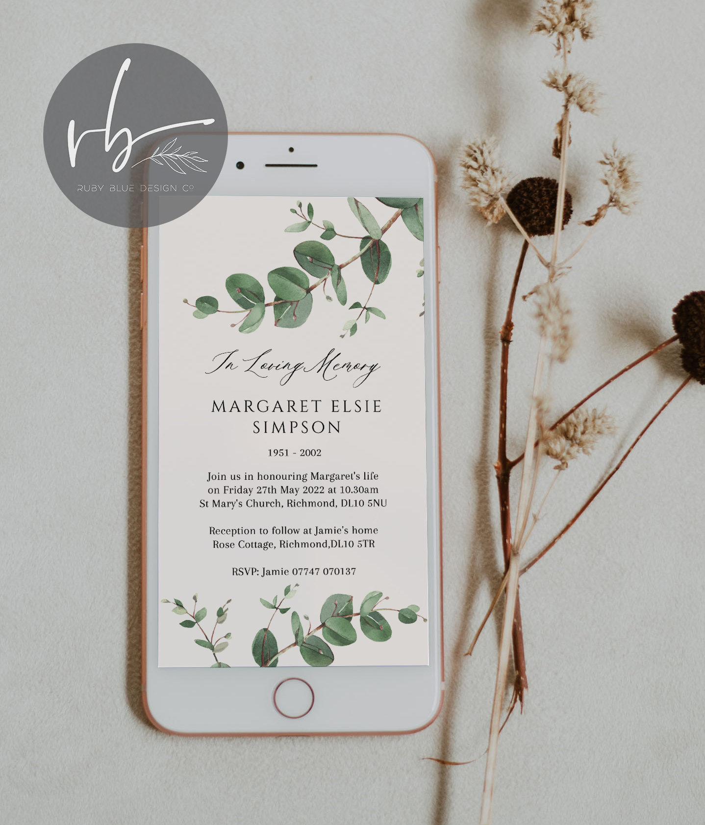 Invitación funeraria digital E-invite Greenery Funeral Foto tarjeta ...