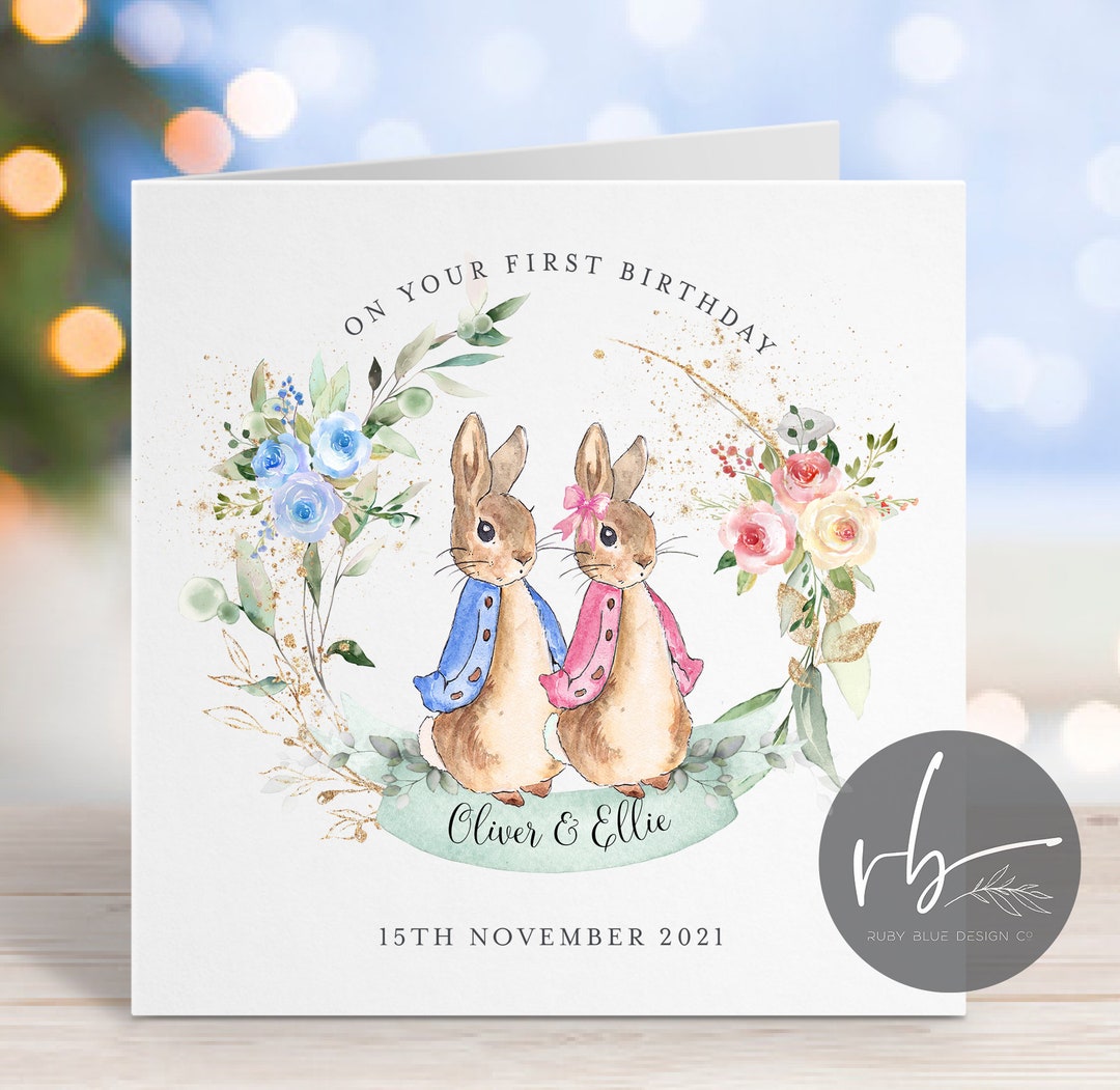 Twins Peter Rabbit Flopsy Rabbit First Birthday Card, Personalised ...