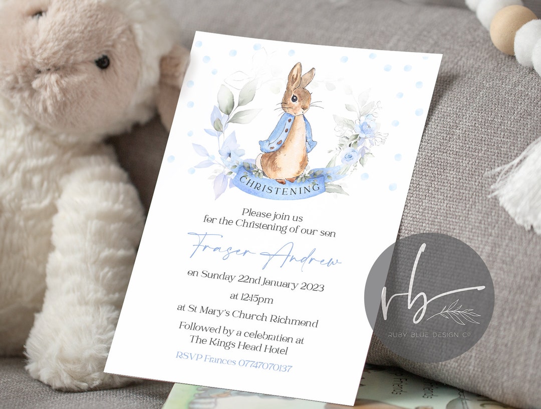 Personalised Peter Rabbit Floral Christening Invitations, Baby Blue ...