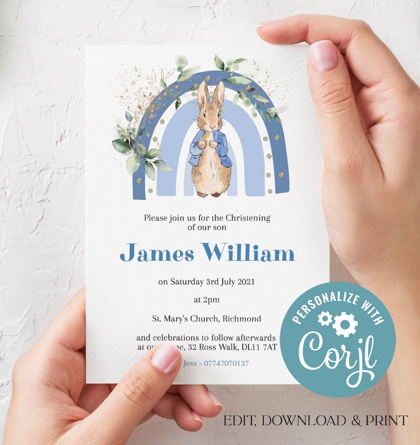 Editable Peter Rabbit Rainbow Invitation. Christening Baptism | Etsy