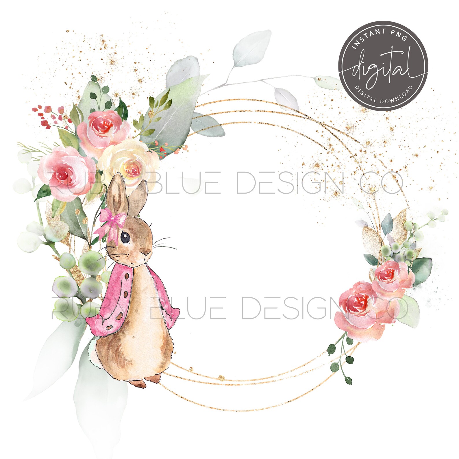 Flopsy Pink Peter Rabbit Wreath Gold Floral PNG Peter Rabbit - Etsy