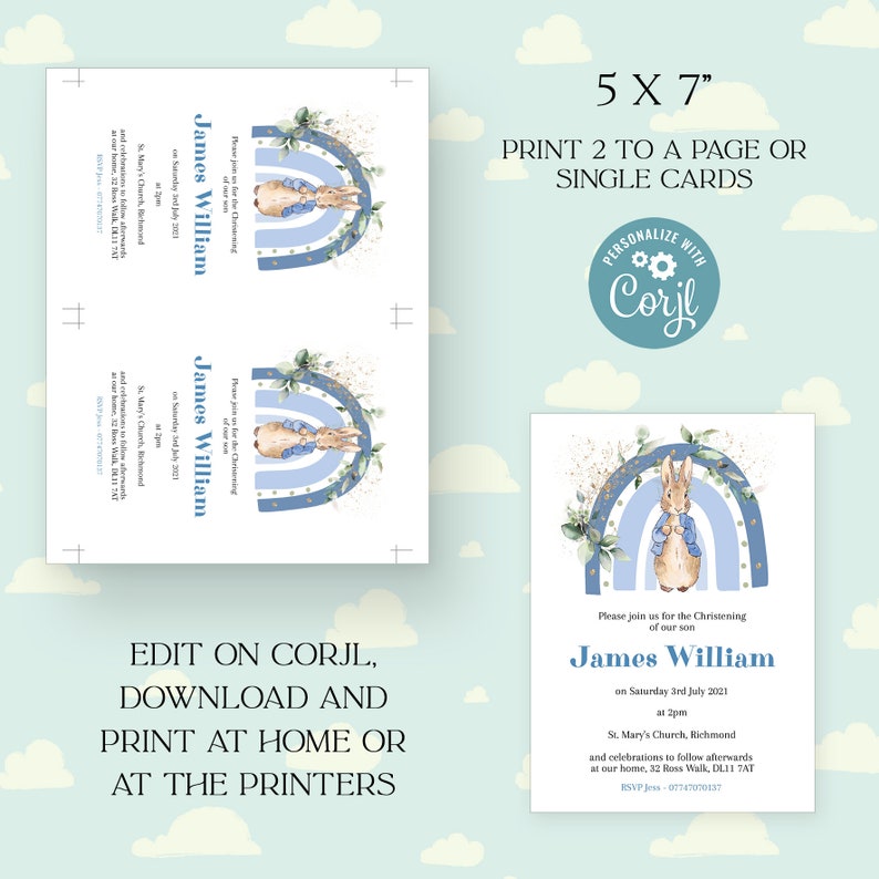 Editable Peter Rabbit Rainbow Invitation. Christening Baptism - Etsy