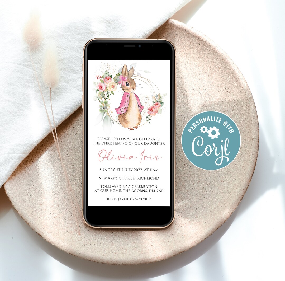 EDITABLE Flopsy Peter Rabbit Digital Invite, Party, Christening ...