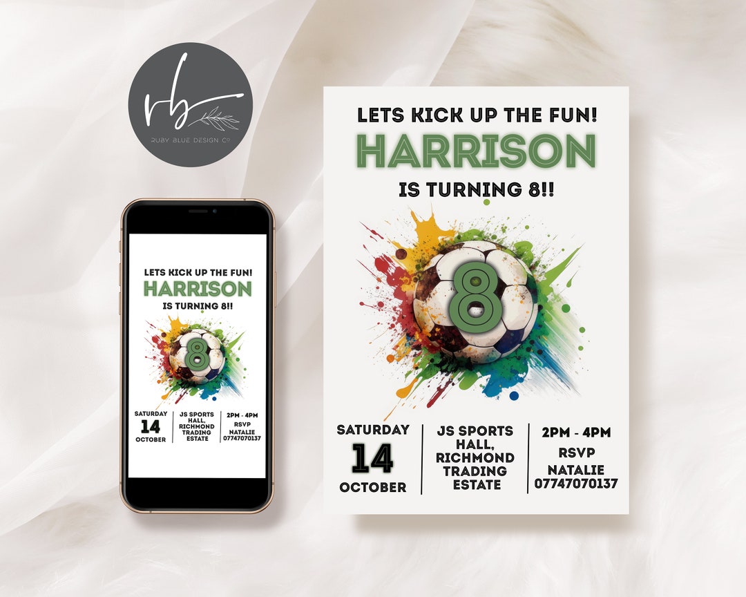 Editable FOOTBALL Party Invitation. Watercolour Football Birthday ...