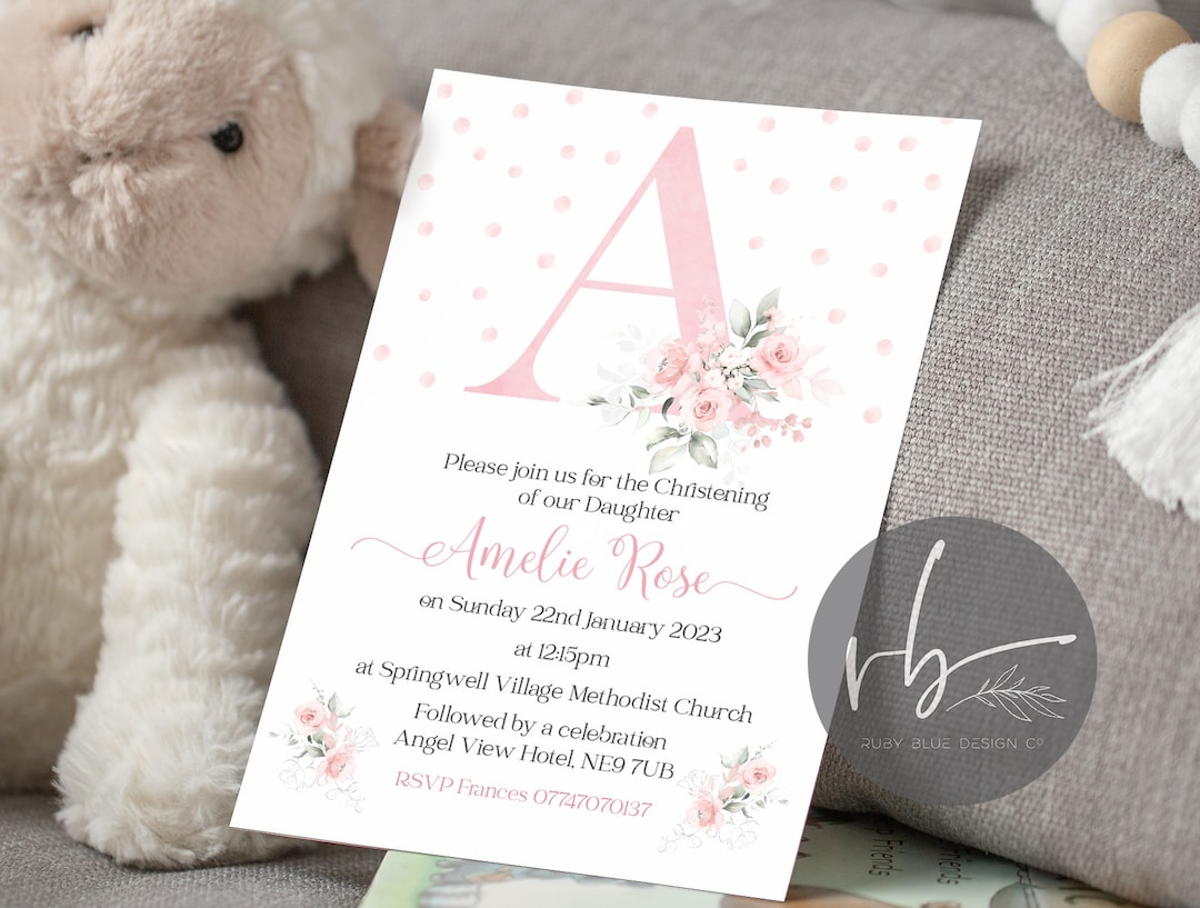 Personalised Christening Invitations Floral Invitations Initial ...