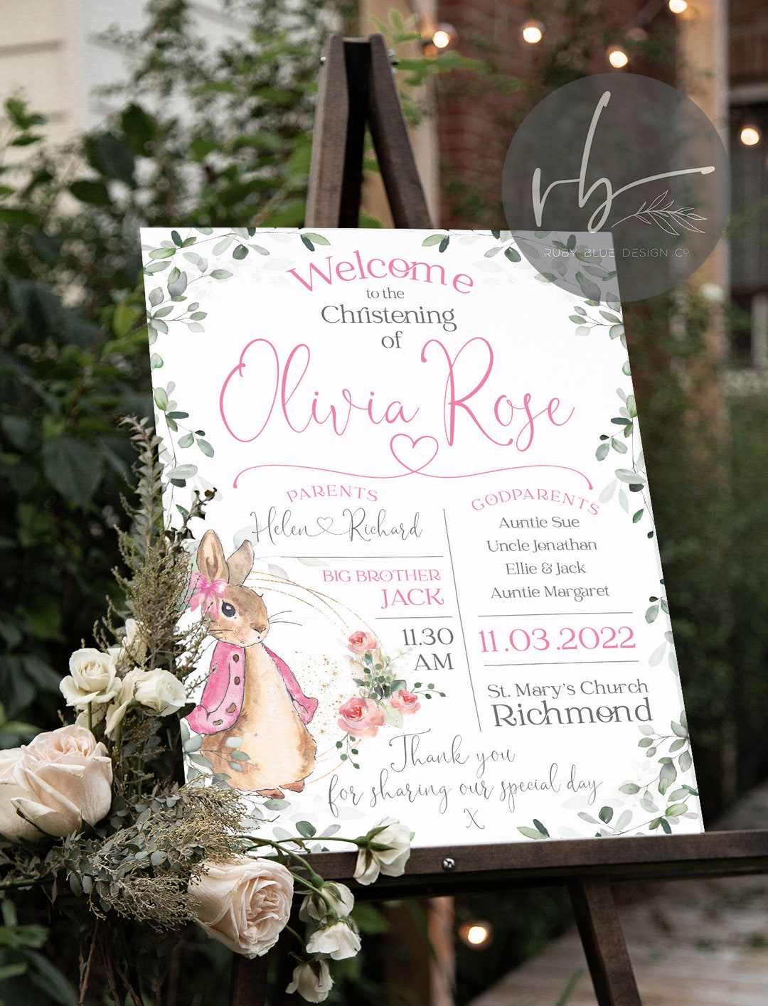 Flopsy Rabbit Personalised Welcome Sign Christening Sign, Baptism Kids ...