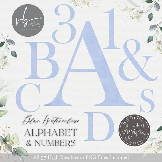 Pastel Blue Watercolour Alphabet & Numbers PNG Clipart Wedding | Etsy
