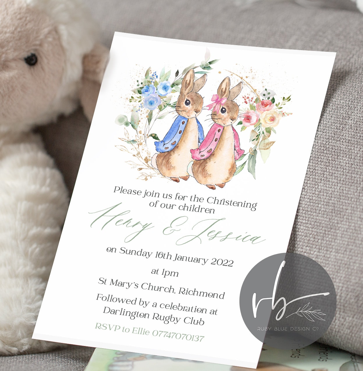 Personalised Twins Flopsy & Peter Rabbit Floral Christening Invitations ...