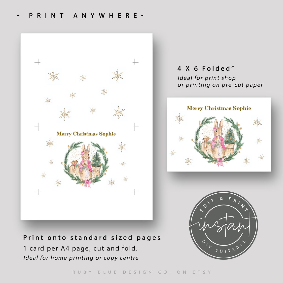 Flopsy Bunny Peter Rabbit Christmas Card Editable Template - Etsy