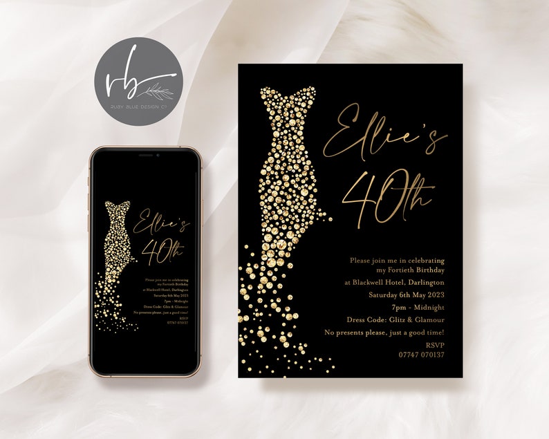 DIGITAL Glitz & Glam Personalised Party Invites 007 Theme, Gold Glitter ...