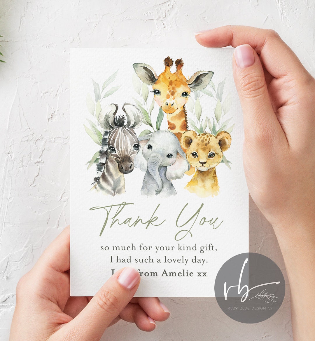 Personalised Safari Animals Thank You Cards, Baby, Party, Christening ...
