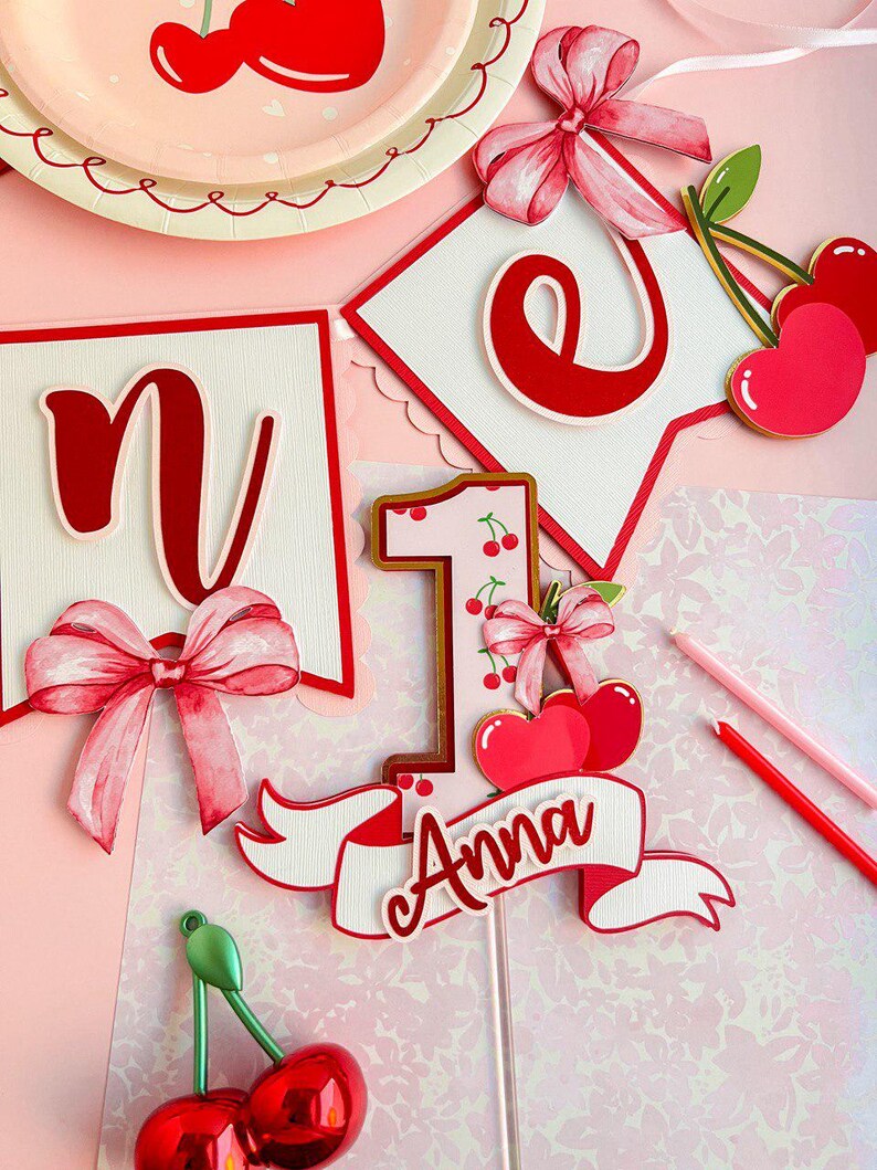 Cherry Bow Cake Topper, Cherry Coquette Cake Topper, Cherry Party Decor ...