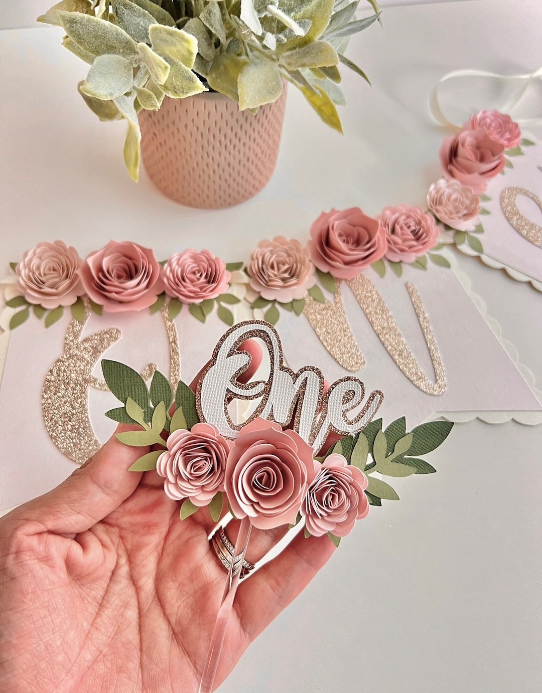 One Cake Topper, One Year Old Cake Topper, Floral Cake Topper, Glitter ...