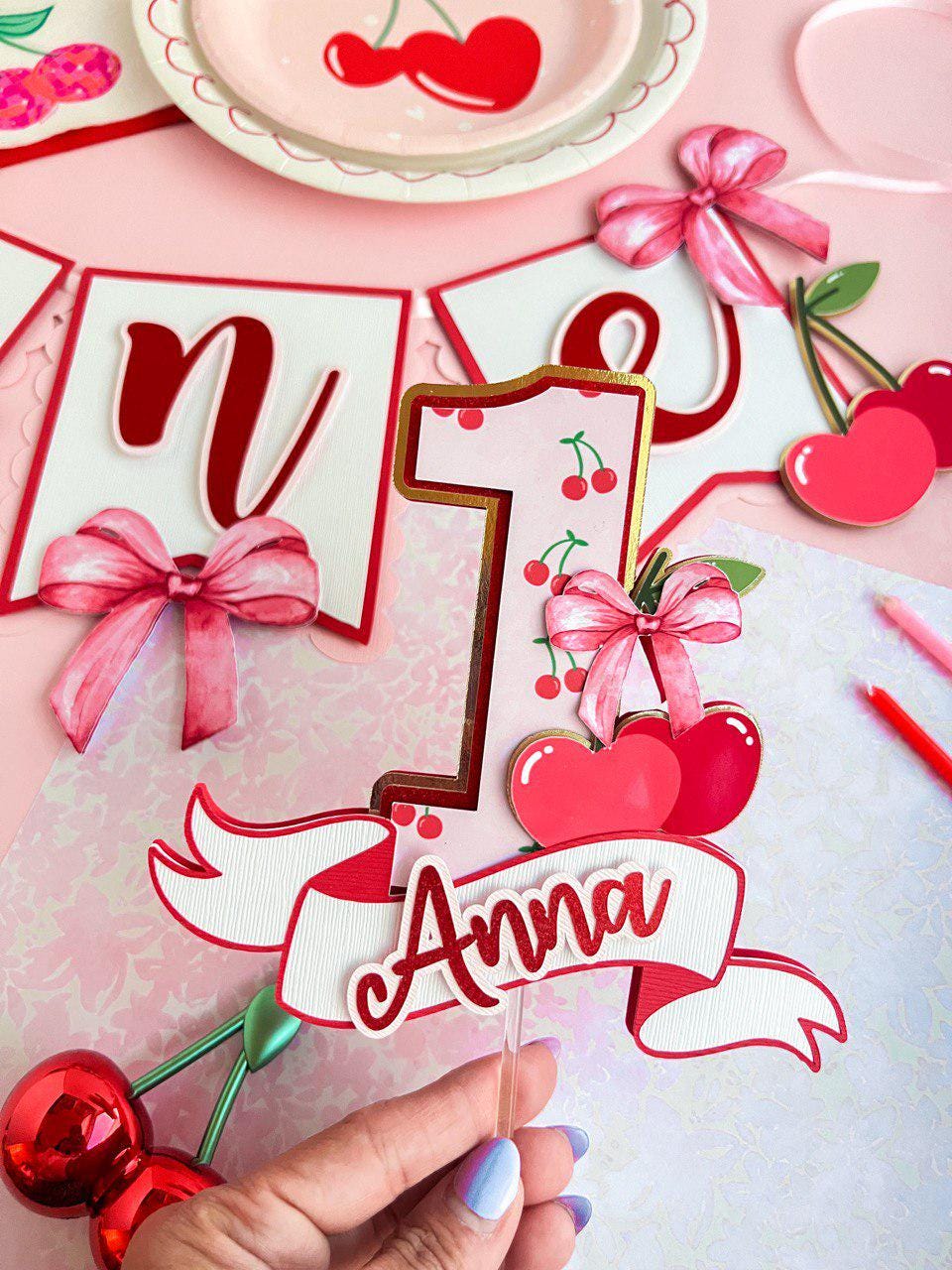 Cherry Bow Cake Topper, Cherry Coquette Cake Topper, Cherry Party Decor ...