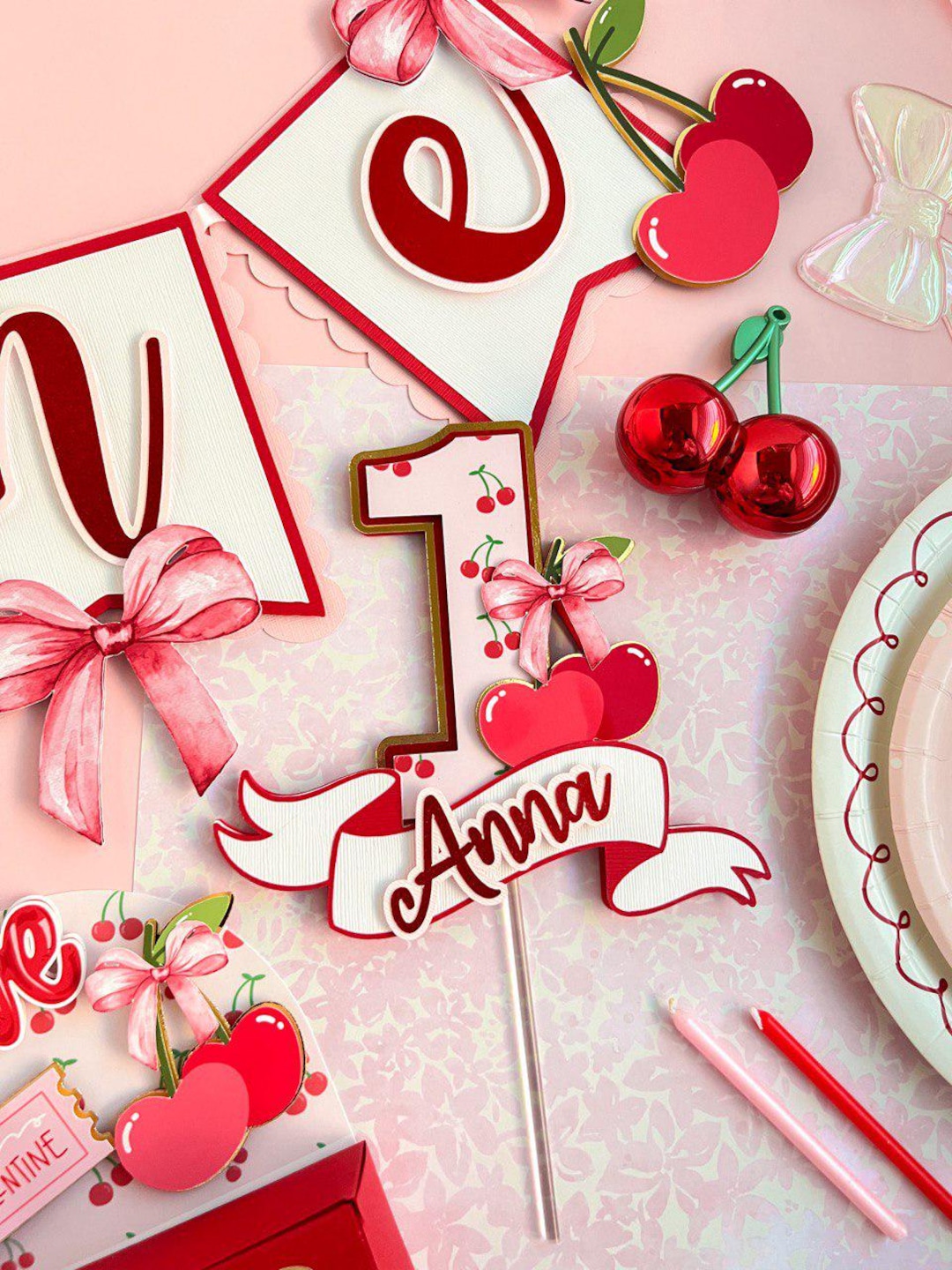 Cherry Bow Cake Topper, Cherry Coquette Cake Topper, Cherry Party Decor ...