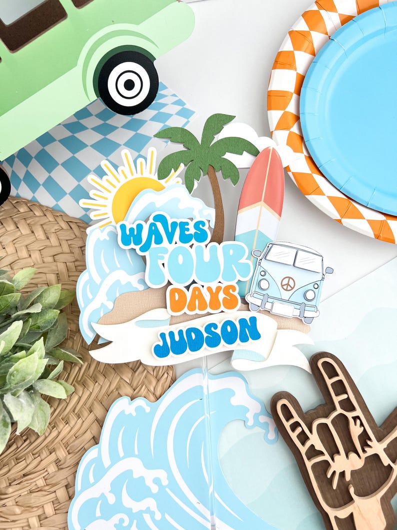 Waves Four Days Cake Topper, Surf Theme Party Retro Surf Birthday Party ...