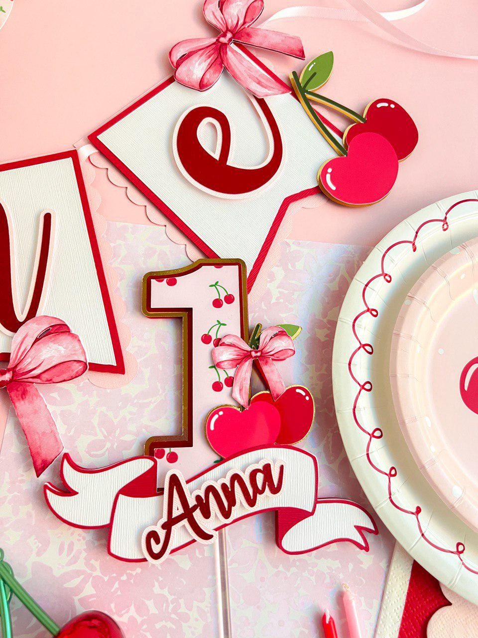 Cherry Bow Cake Topper, Cherry Coquette Cake Topper, Cherry Party Decor ...