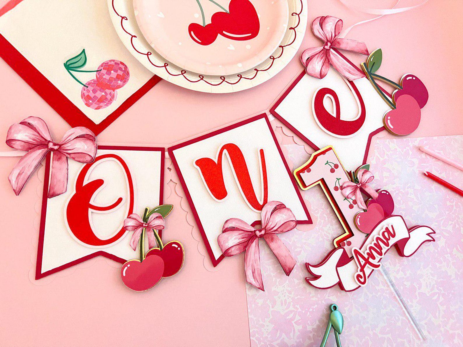 Cherry Bow Cake Topper, Cherry Coquette Cake Topper, Cherry Party Decor ...