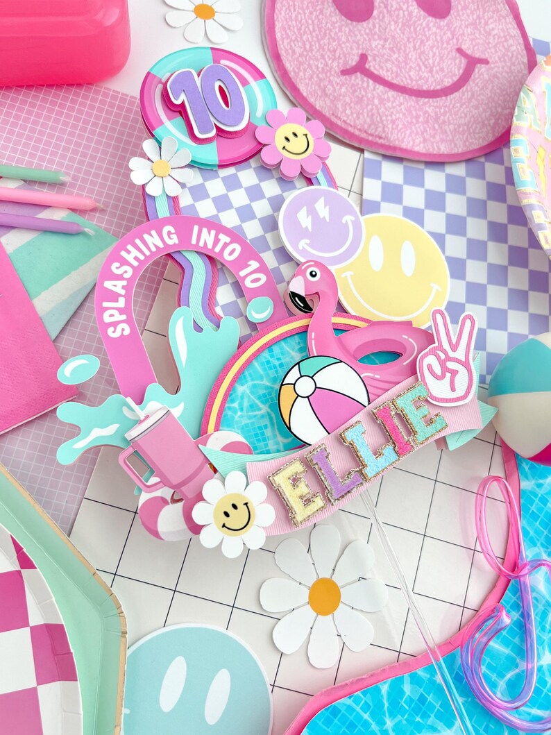 Preppy Pool Party Cake Topper, Splashing Into 10 Cake Topper, Teen Girl ...