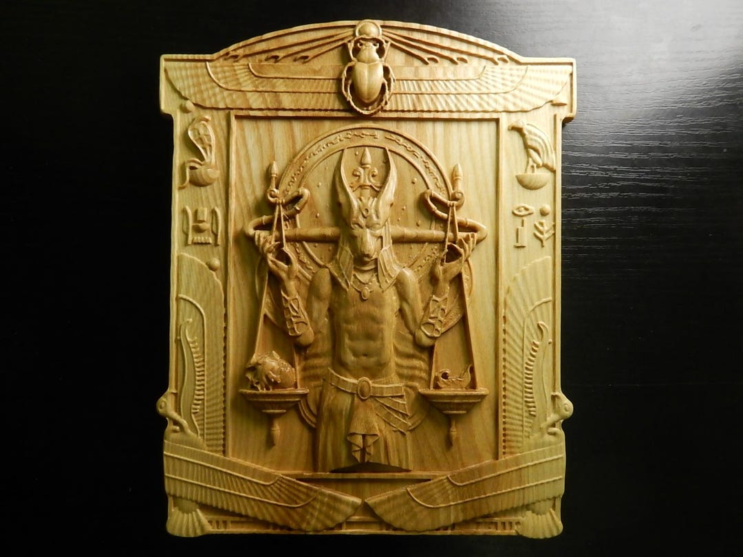 Wood Carved Picture Wall Decoration Plaque. Egyptian God Anubis. Heart ...