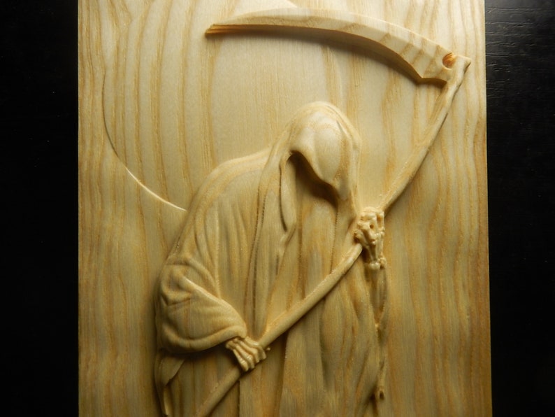 Wood carved picture wall decoration plaque. Grim the Reaper. | Etsy