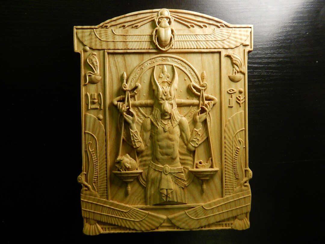 Wood Carved Picture Wall Decoration Plaque. Egyptian God Anubis. Heart ...