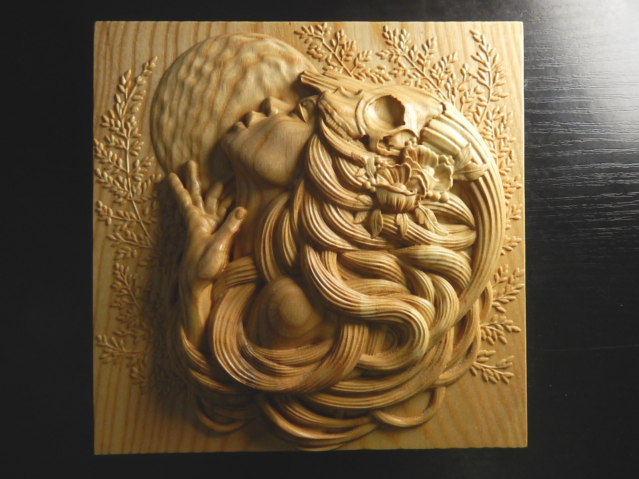 Wood Carved Picture Wall Decoration Plaque. Woman With the Skull ...