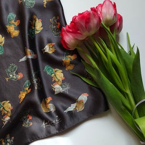 Fabric Frontline Silk Scarf, Rooster Chicken Print, Zurich Design - Etsy