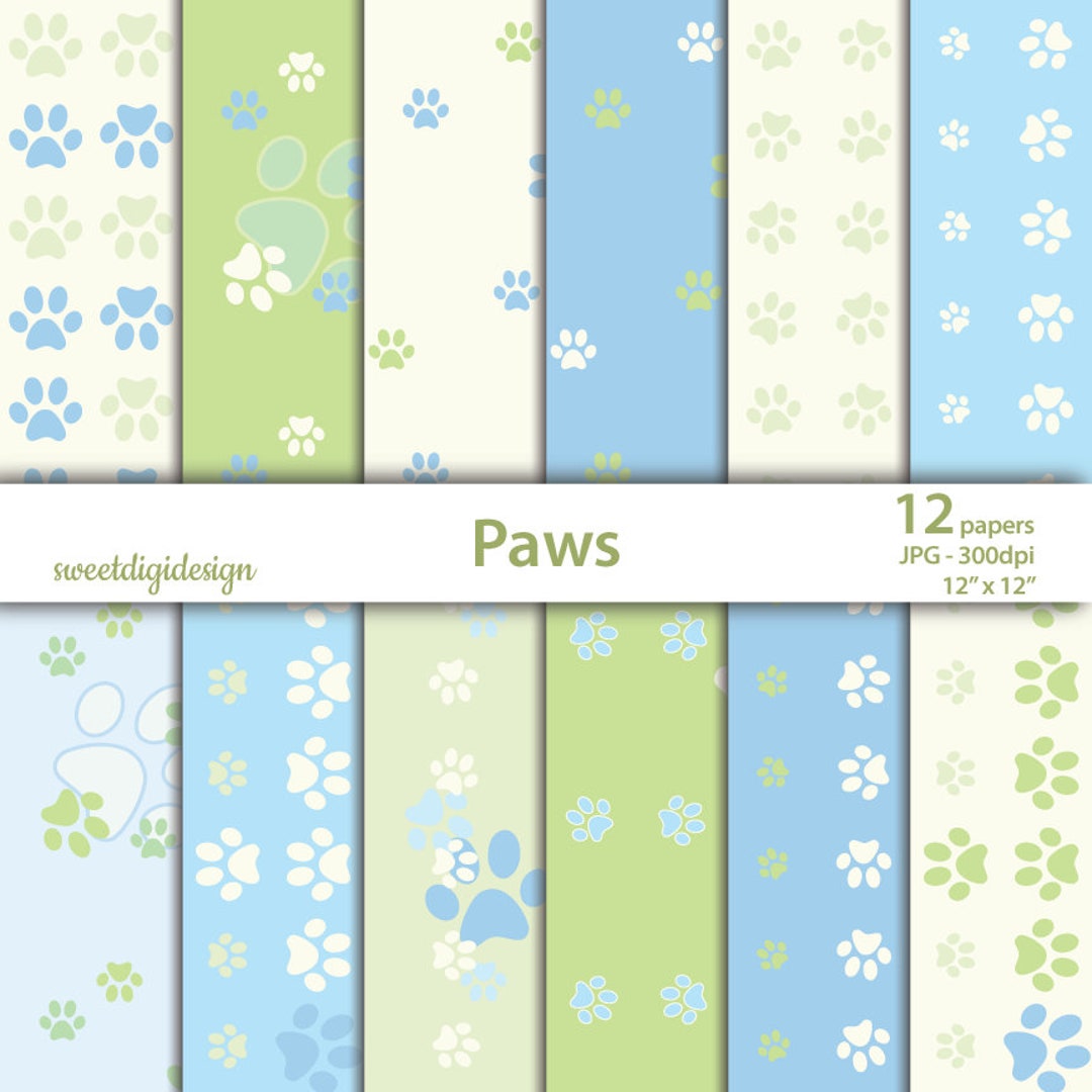 Pastel Paw Print Digital Paper – Green and Blue Pet Backgrounds | Dog ...