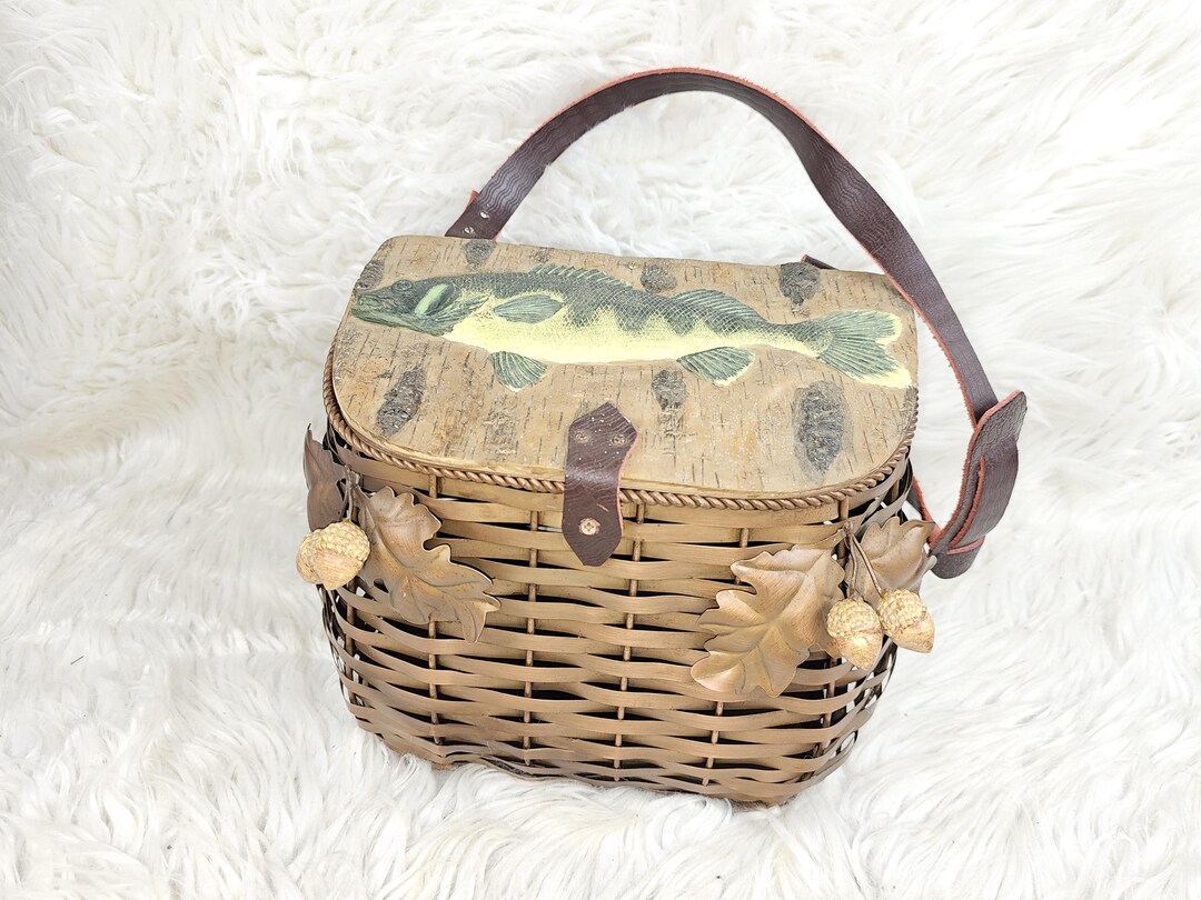 Metal Bronze Wicker Fishing Creel Basket Decoration Fall Theme Cabin ...