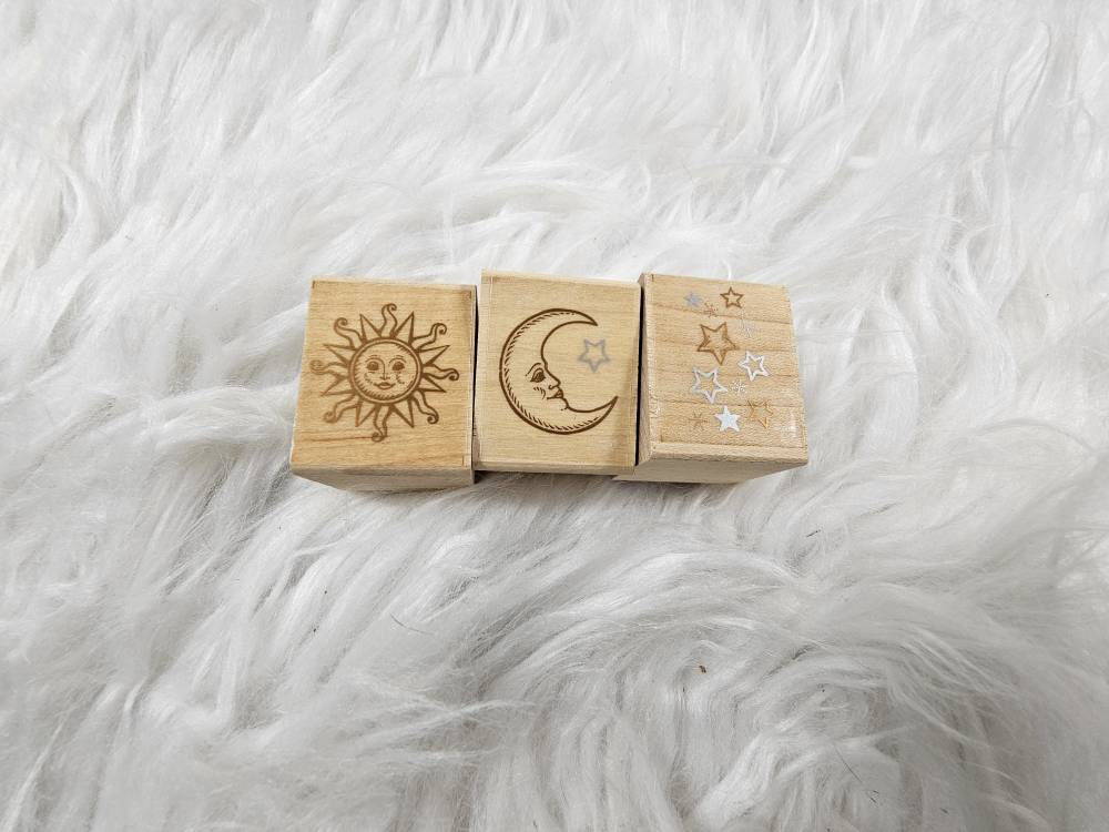 Rare 3 Vintage Celestial Stars and Moon Set Crafting Stamp Wood Backed ...