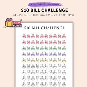 10 Dollar Bill Challenge Printable, 1k Savings Challenge, Savings ...