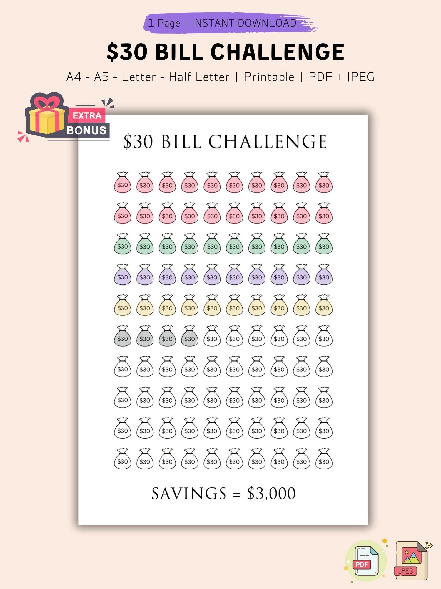 30 Dollar Bill Challenge Printable, 3k Savings Challenge, Savings ...