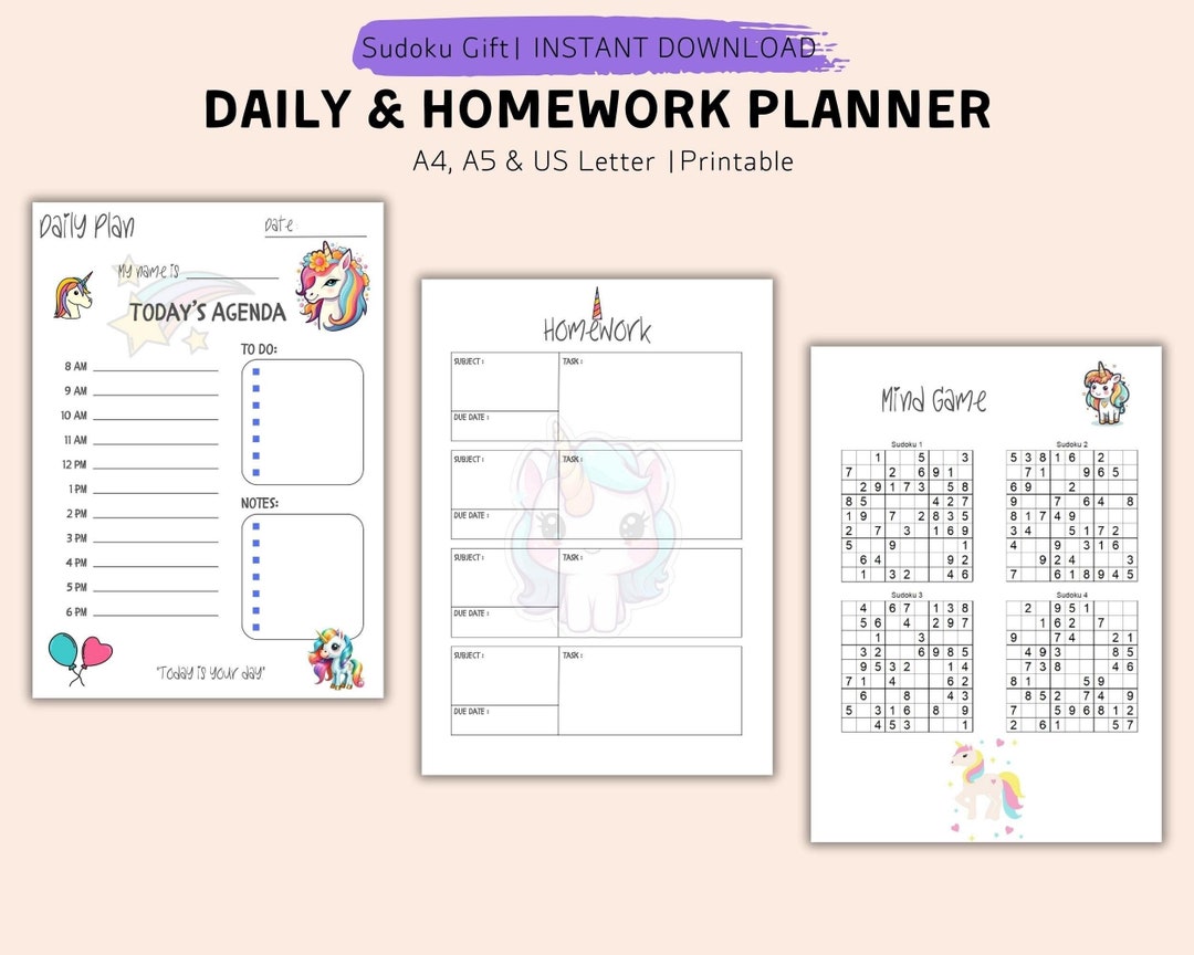 PRINTABLE | Cute Unicorn Themed Kids' Daily and Homework Organizer With ...