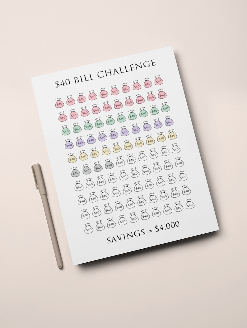 40 Dollar Bill Challenge Printable, 4k Savings Challenge, Savings ...