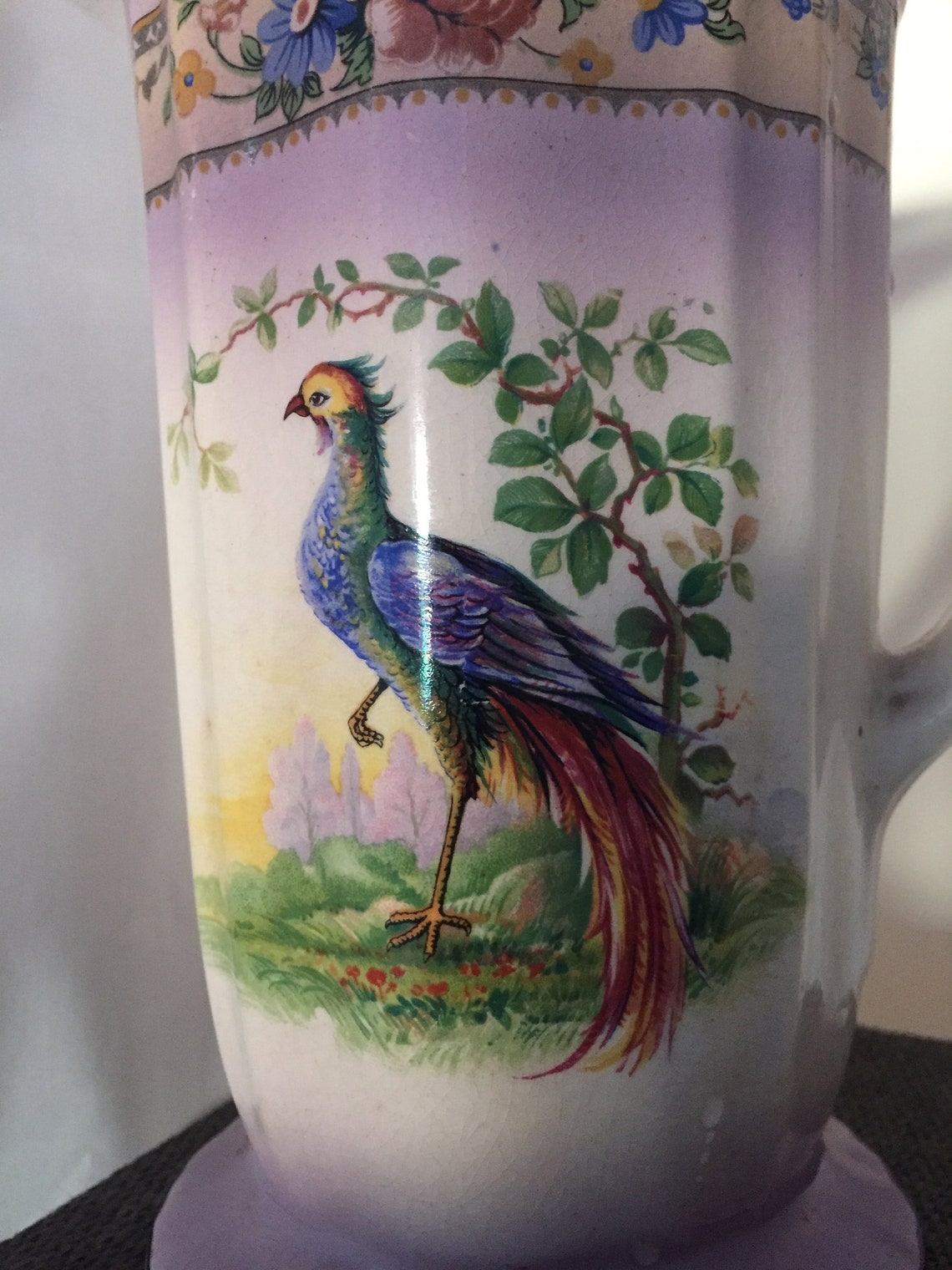 Antique Pitcher With Oriental Pheasant Peacock Type Bird - Etsy
