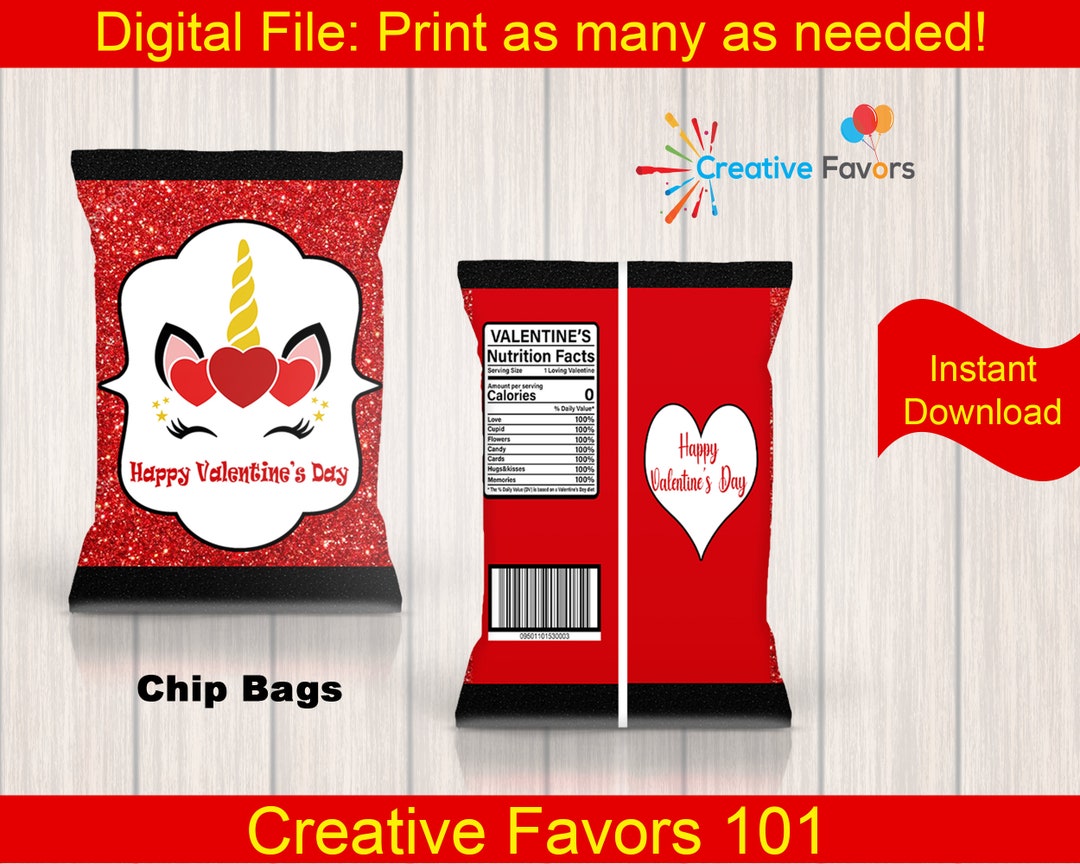 Valentine's Unicorn Chip Bag Valentine's Party Favor Valentine Unicorn ...