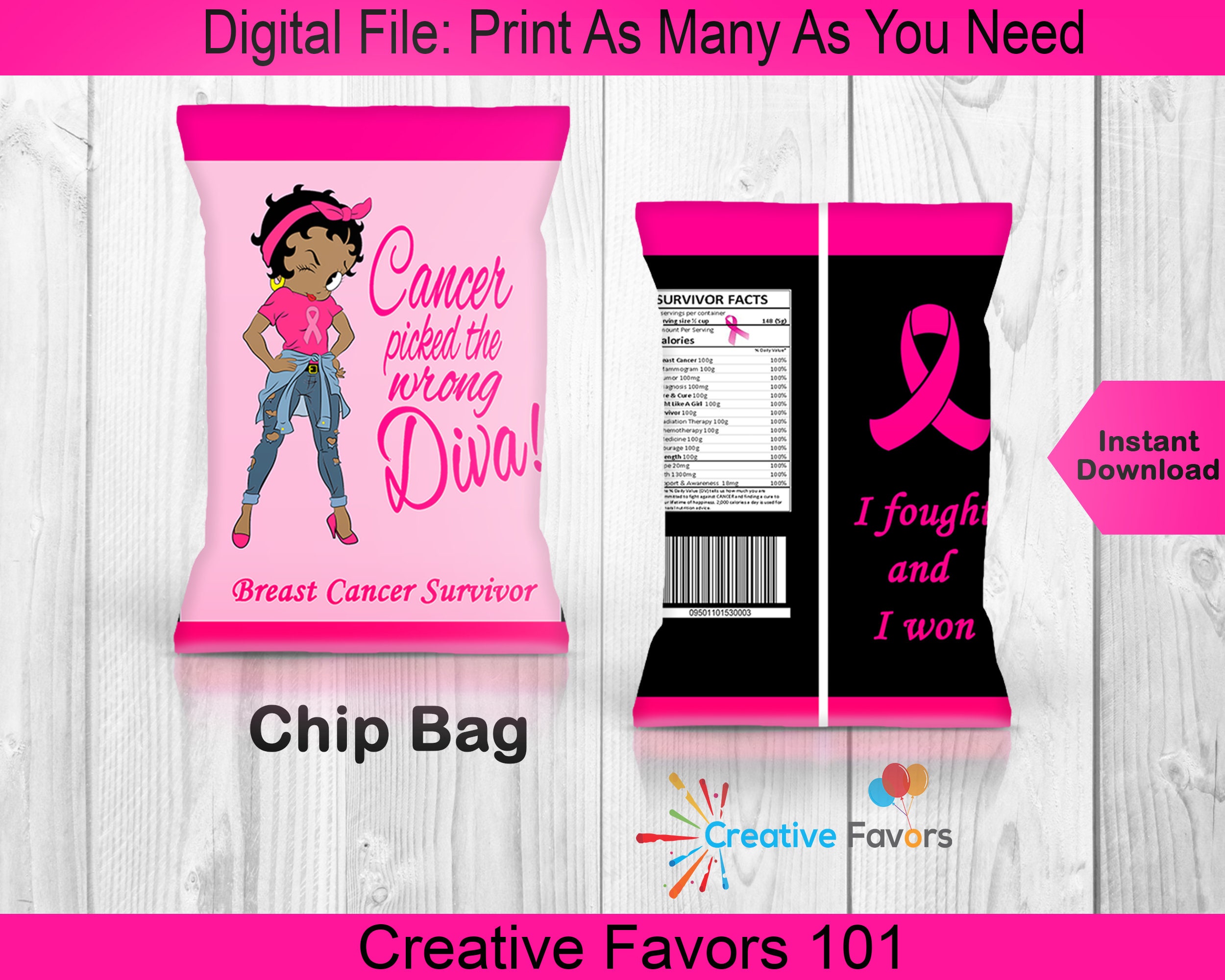 Cancer Picked the Wrong Diva, Breast Cancer Survivor Chip Bag, Breast Cancer Awareness Chip Bag ...