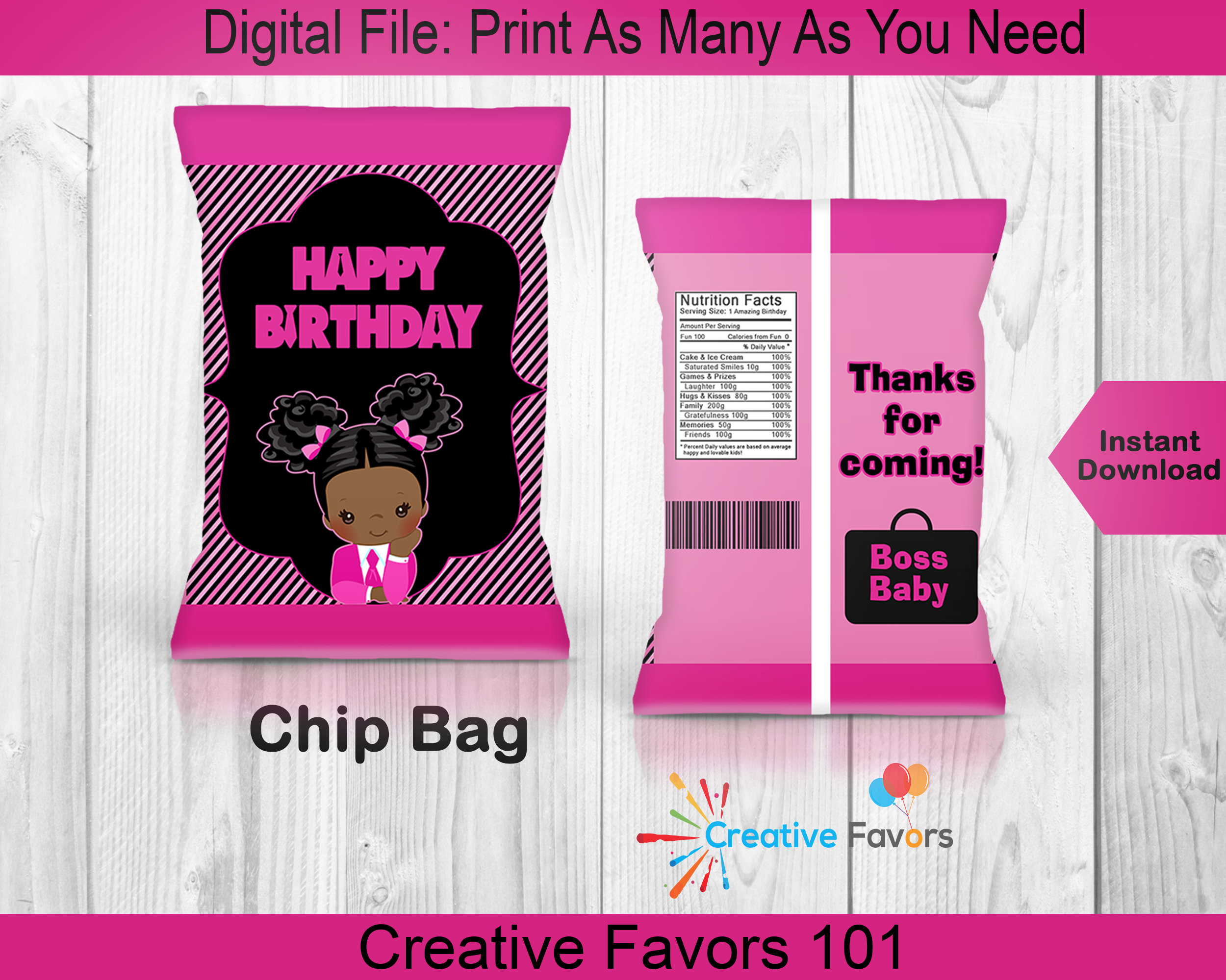African American Boss Baby Chip Bag, Boss Baby Girl Theme, Pink Chip ...