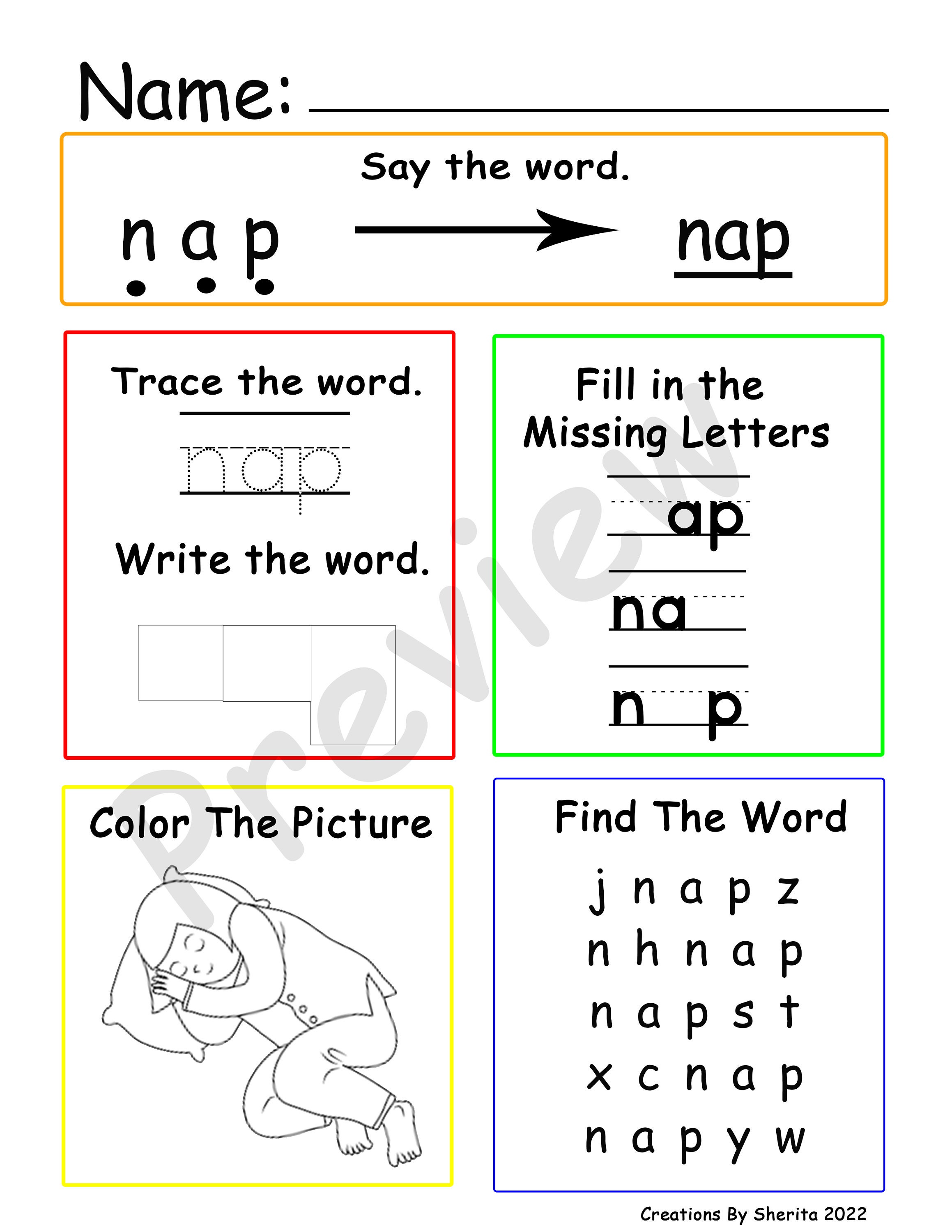 AP Word Family Worksheets, Pre-k Worksheets, Kindergarten Worksheets ...