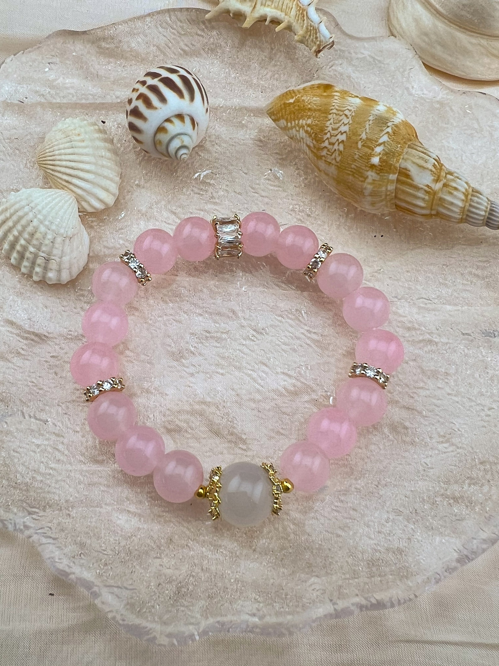 Pink Natural Crystal Glass Beaded Bracelet, Handmade Design Elastic ...